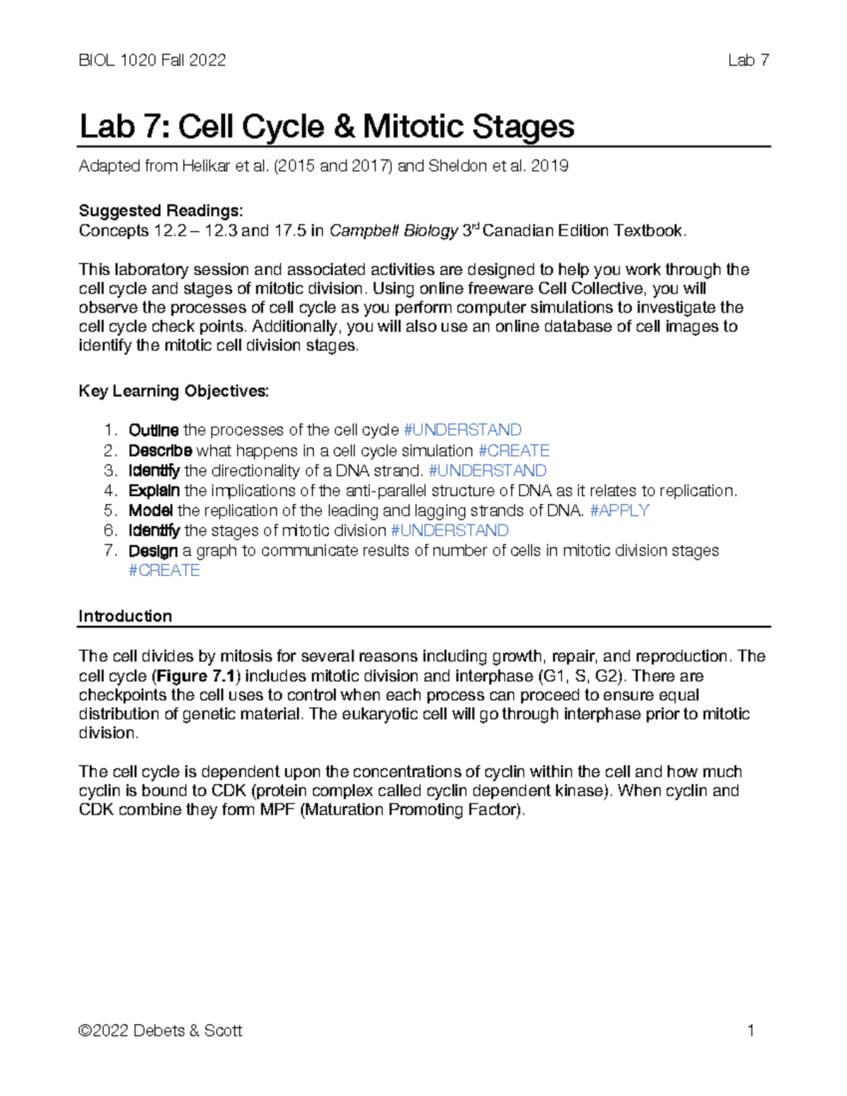BIOL 1020 Lab 7 Handout - Biol - Lab 7: Cell Cycle & Mitotic Stages ...