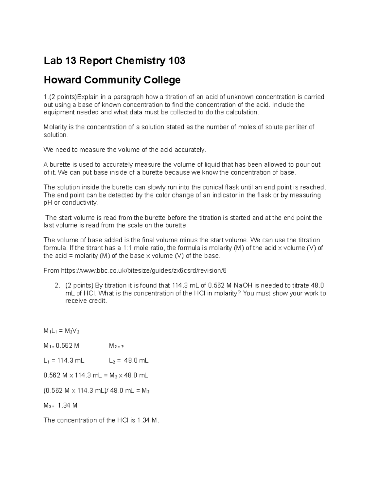 Lab 13 Report Chemistry 103 - Lab 13 Report Chemistry 103 Howard ...