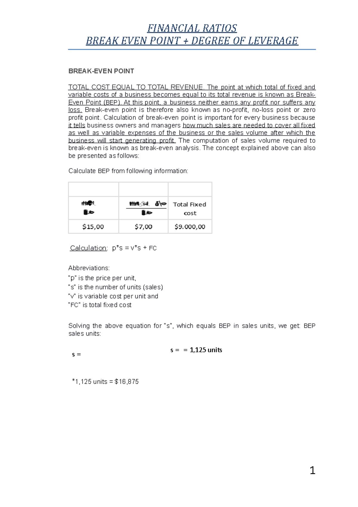 Break EVEN Point - FINANCIAL RATIOS BREAK EVEN POINT + DEGREE OF ...