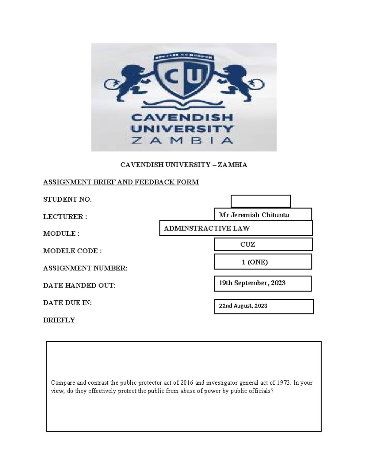 Assignment Adminstractive LAW 123 - CAVENDISH UNIVERSITY – ZAMBIA ASSIGNMENT BRIEF AND FEEDBACK ...