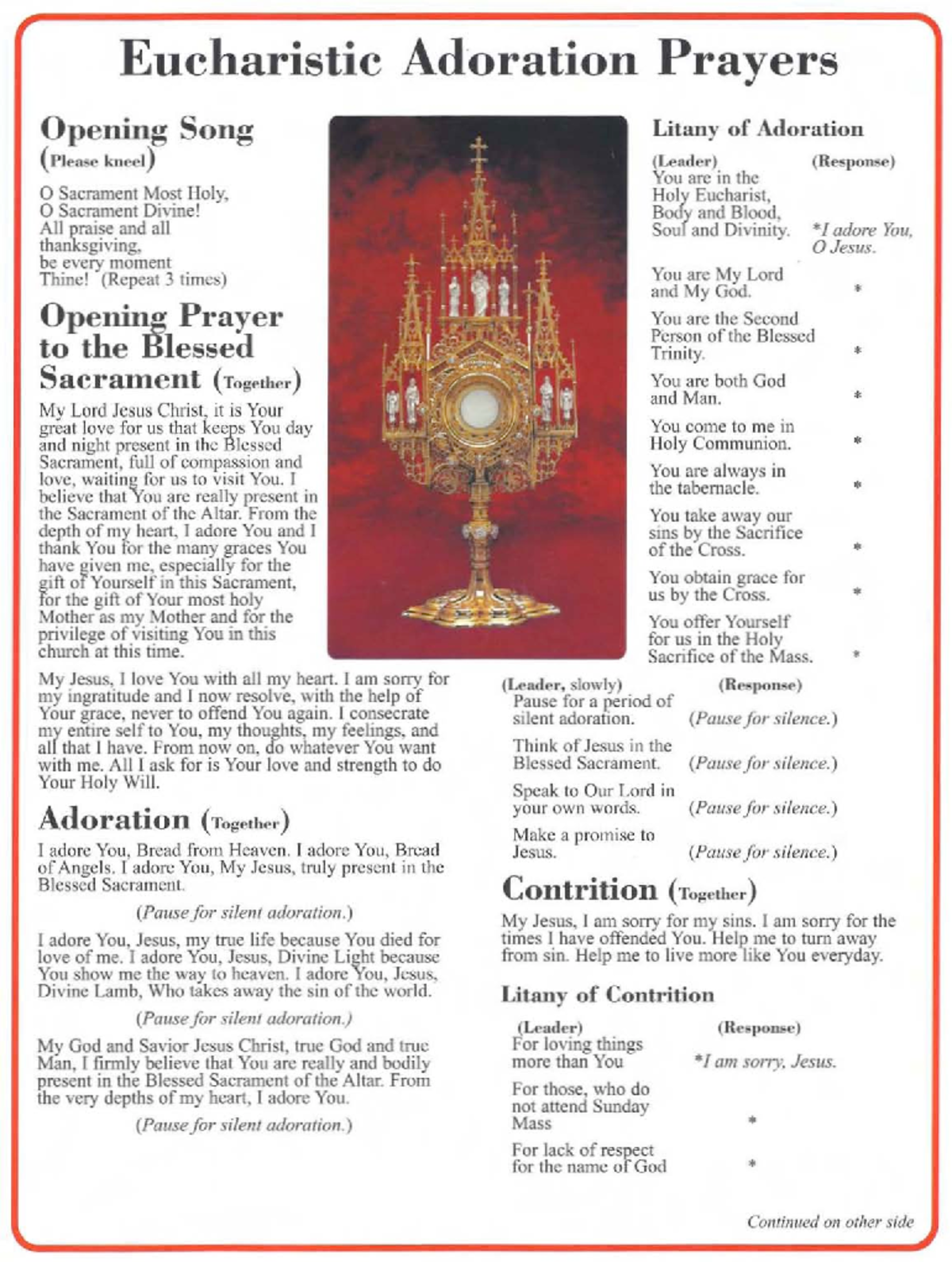 Adoration large prayer card - Eucharistic Adoration Prayers Litany of ...