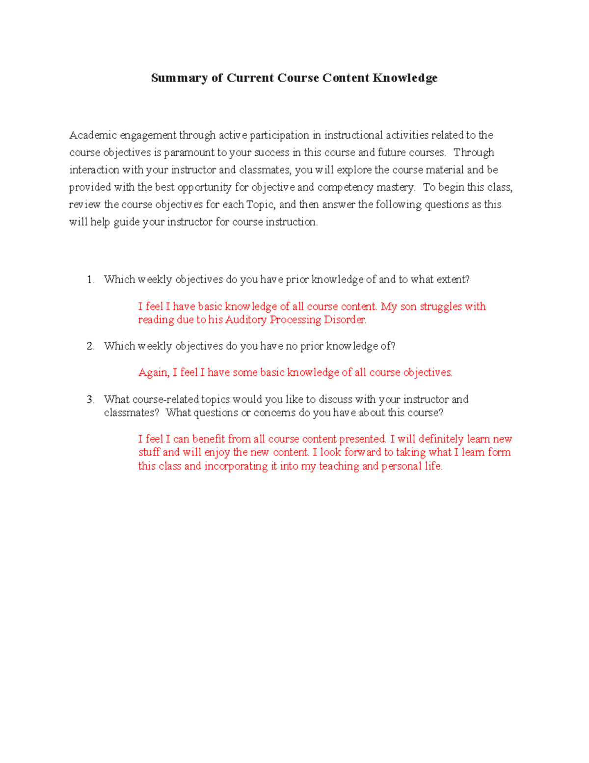 Summary of Current Course Content Knowledge - Through interaction with ...