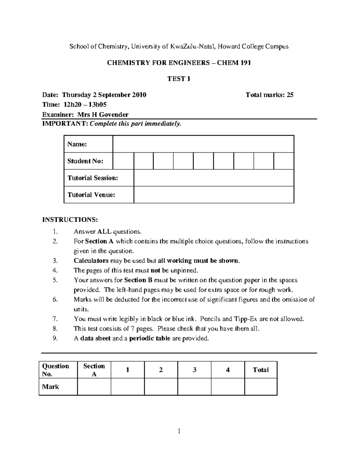 Test 1 2011 Test 1 Chem 191 - School of Chemistry, University of ...