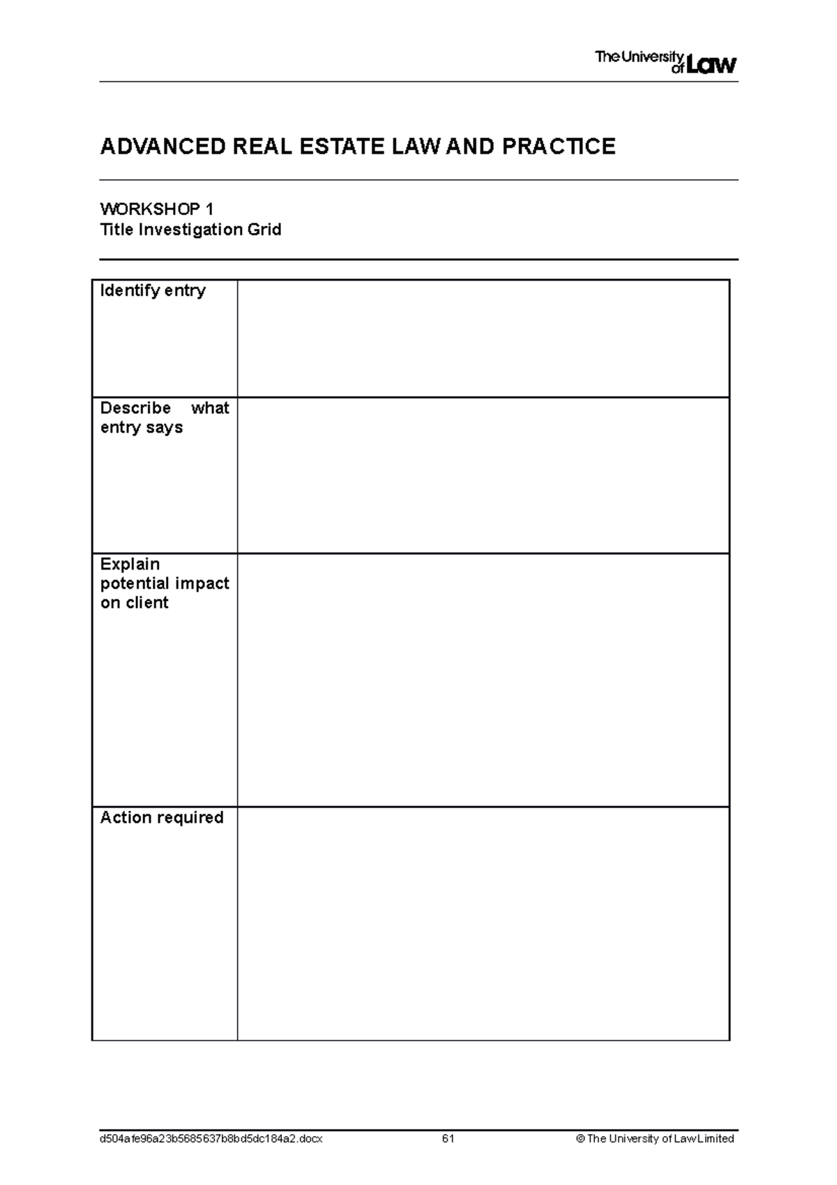 Workshop 1 Task 1 Graph - ADVANCED REAL ESTATE LAW AND PRACTICE ...