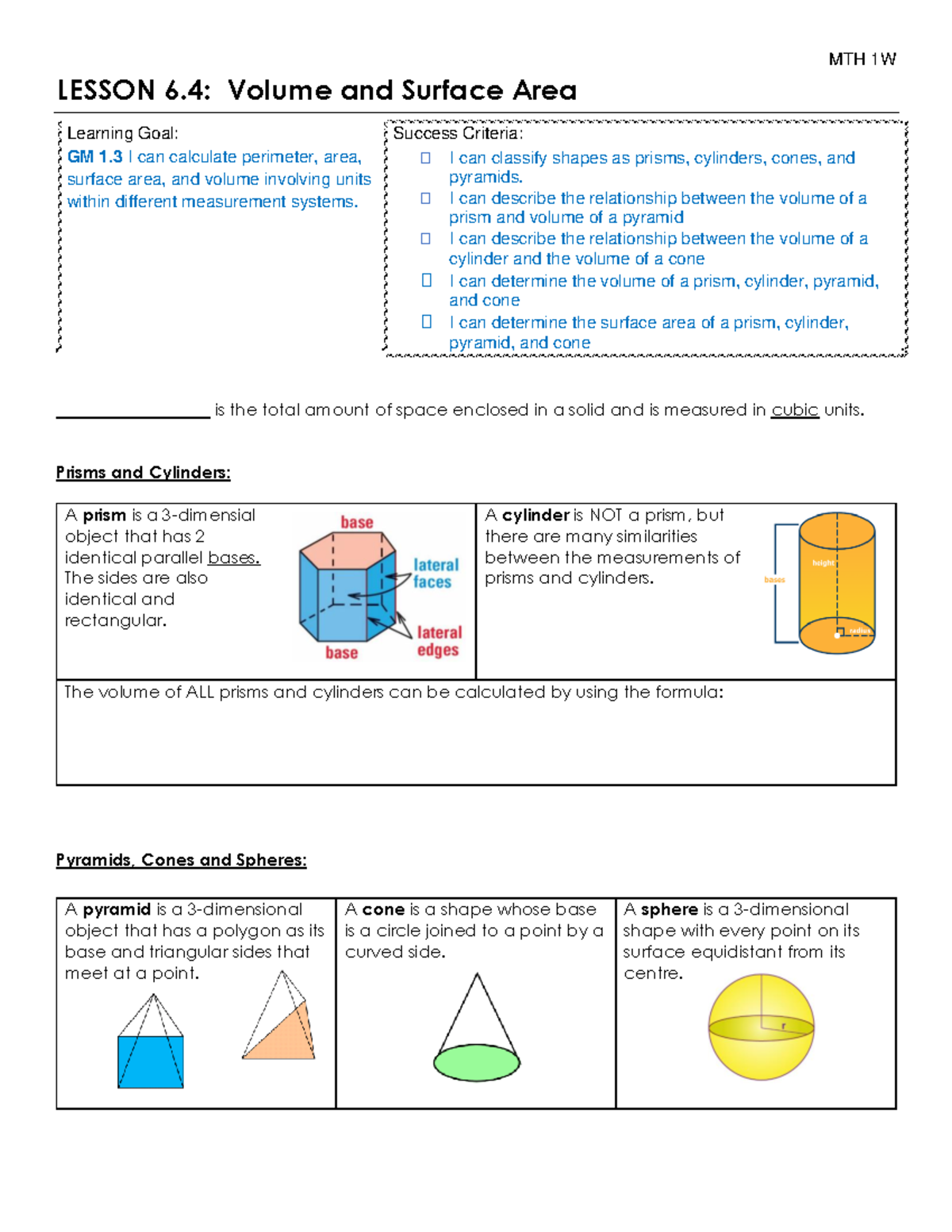 Volume and Surface Area - MTH 1W LESSON 6: Volume and Surface Area ...