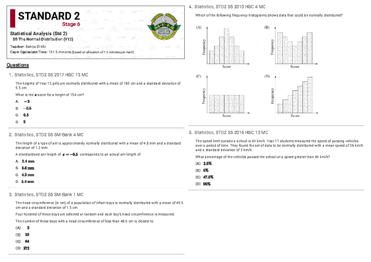 Normal Distribution - 7657567 - 1. Statistics, STD2 S5 2017 HSC 13 MC 2 ...
