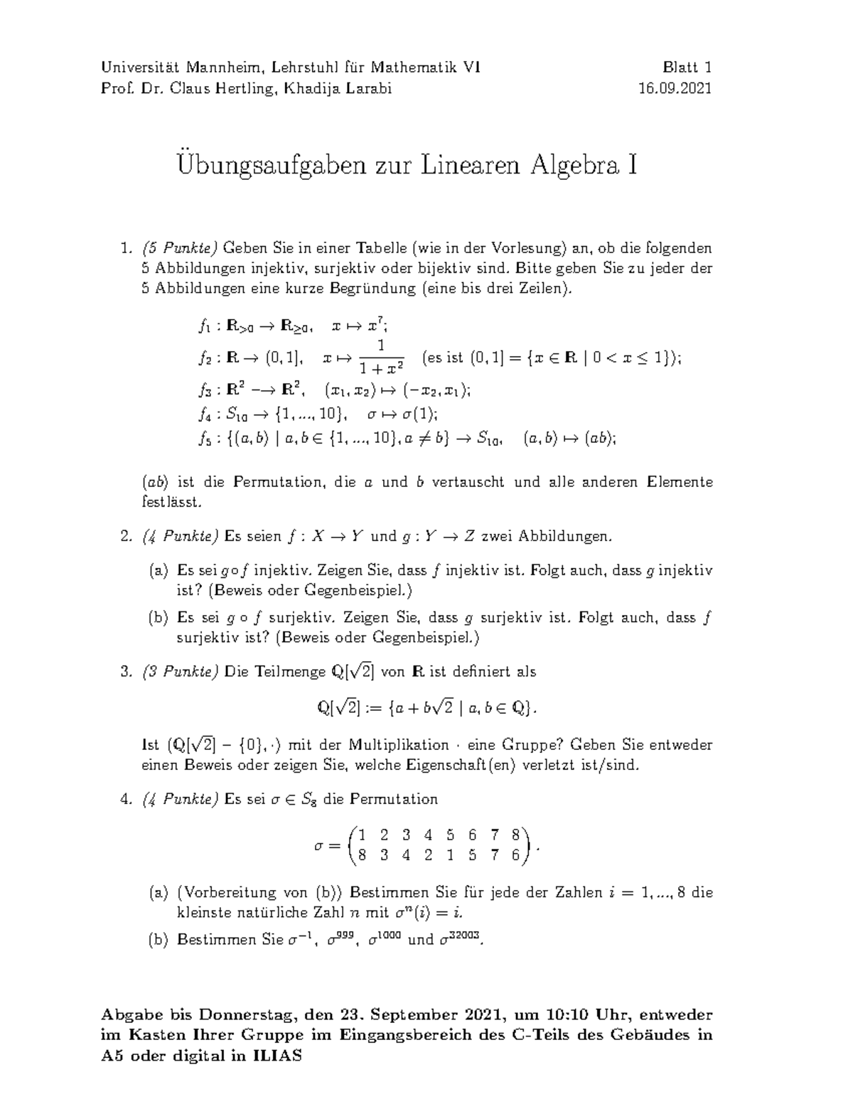 Übungsblatt 1 Lineare Algebra - Wirtschaftsmathematik - Uni Mannheim ...