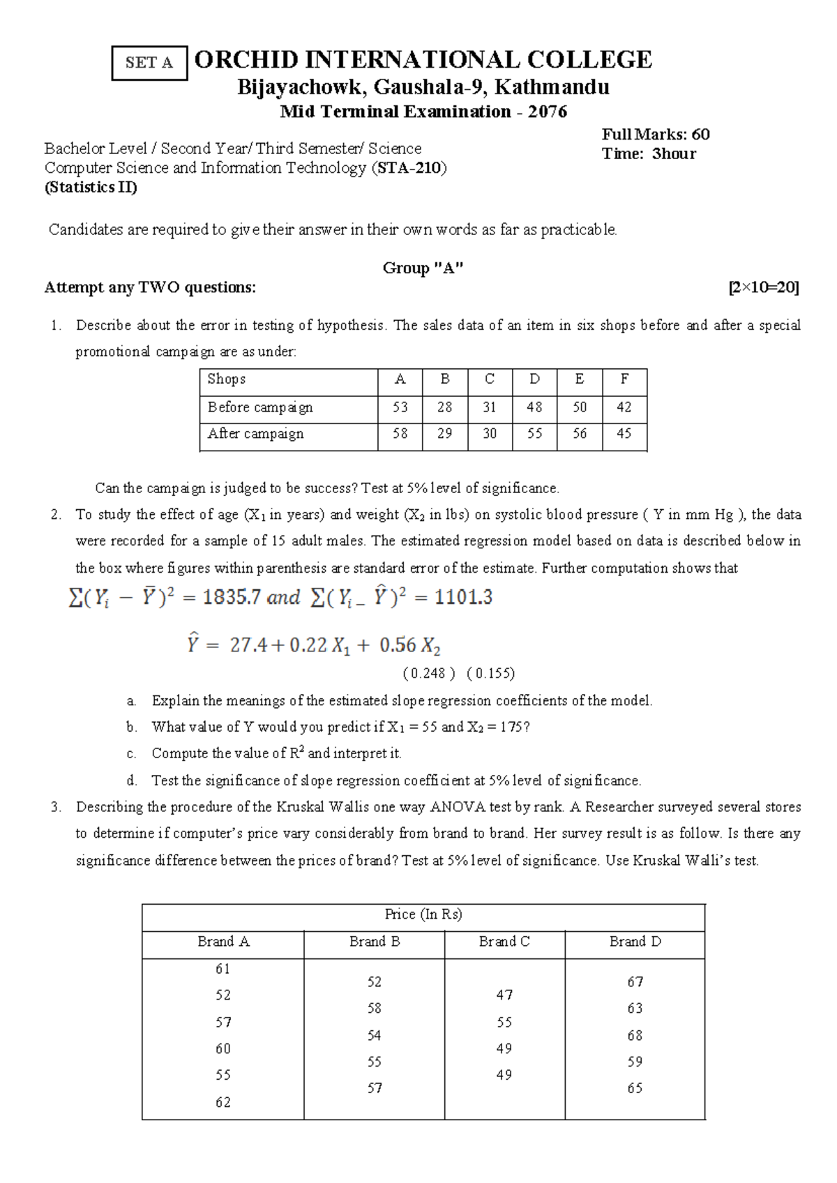STAT - model question - ORCHID INTERNATIONAL COLLEGE Bijayachowk ...