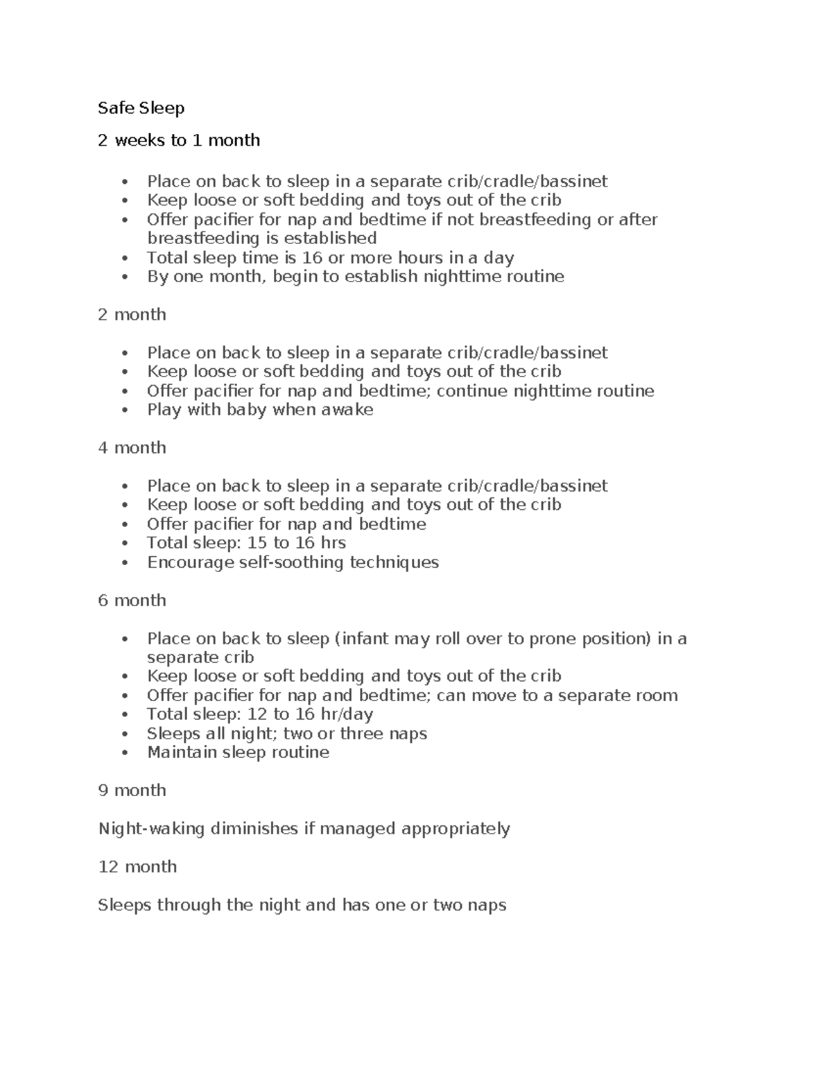 Safe Sleep - Notes - Safe Sleep 2 weeks to 1 month Place on back to ...