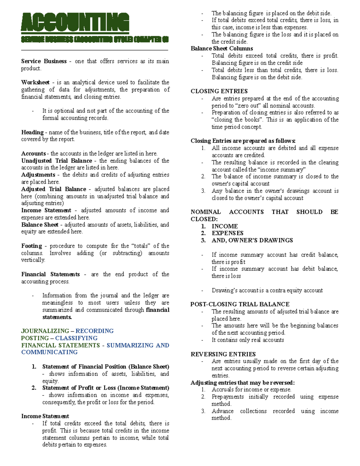 Accounting CH9 - CHAPTER 9 NOTES - ACCOUNTING SERVICE BUSINESS ...