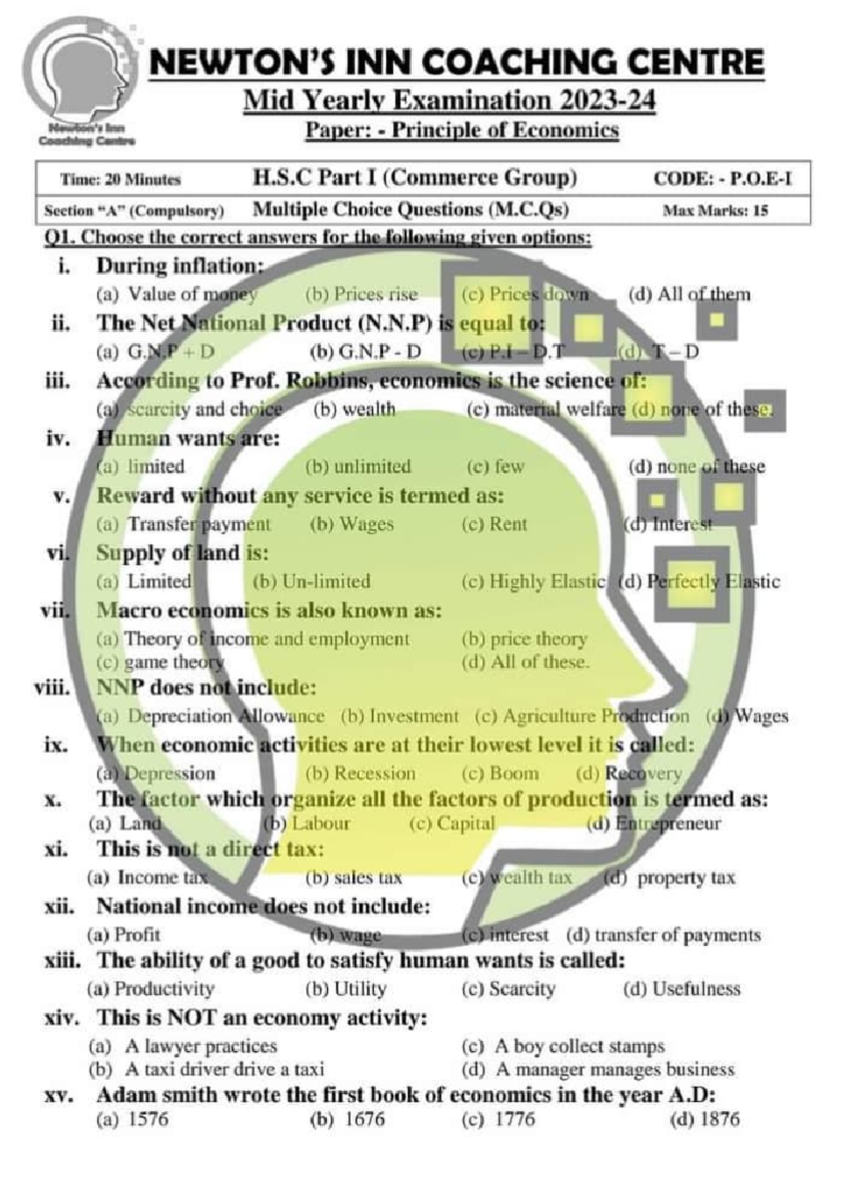 H.S.C Part I Commerce Mid Yearly Exams 2023-24 Papers - INN COACHING ...