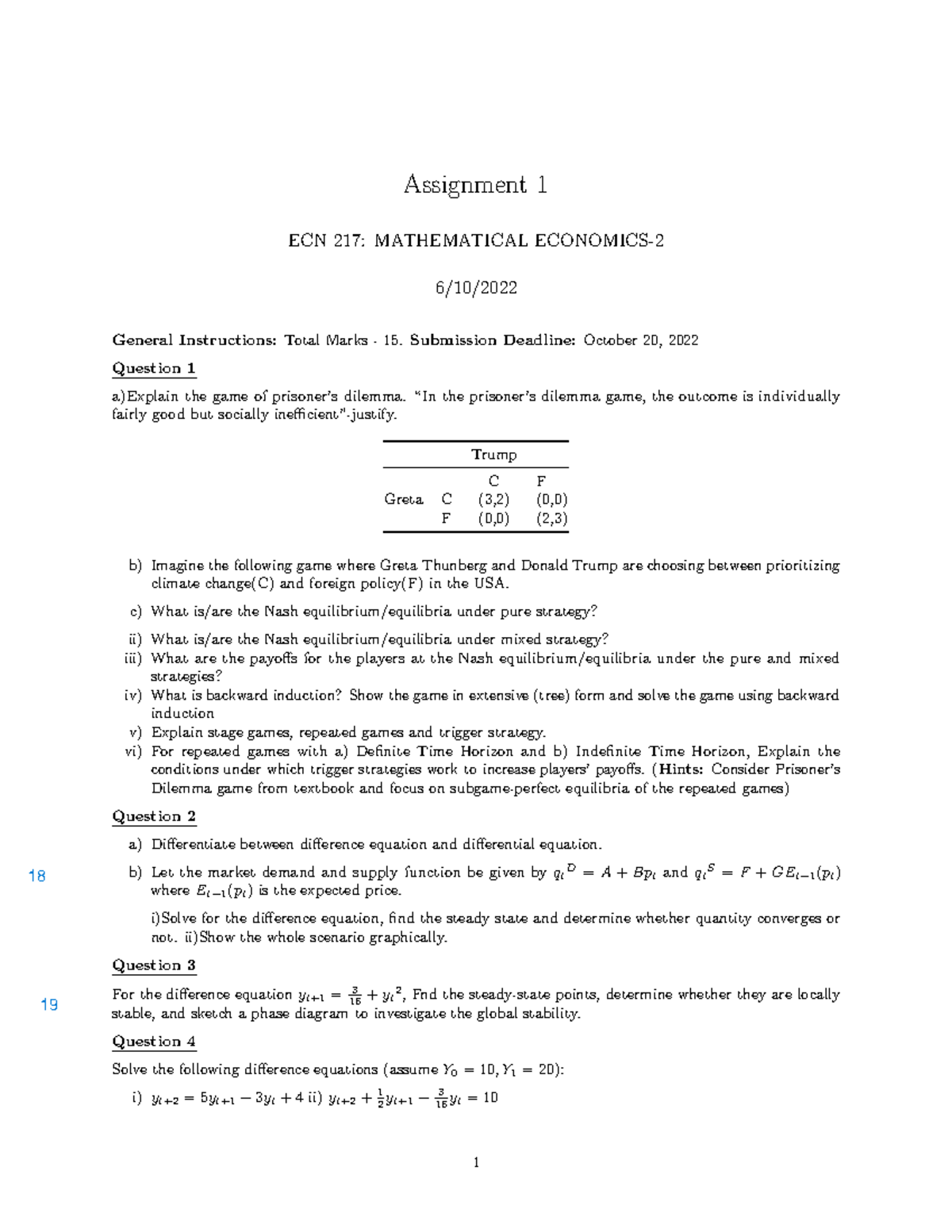 Assignment-1 22 - math - Assignment 1 ECN 217: MATHEMATICAL ECONOMICS- 6/10/ General ...