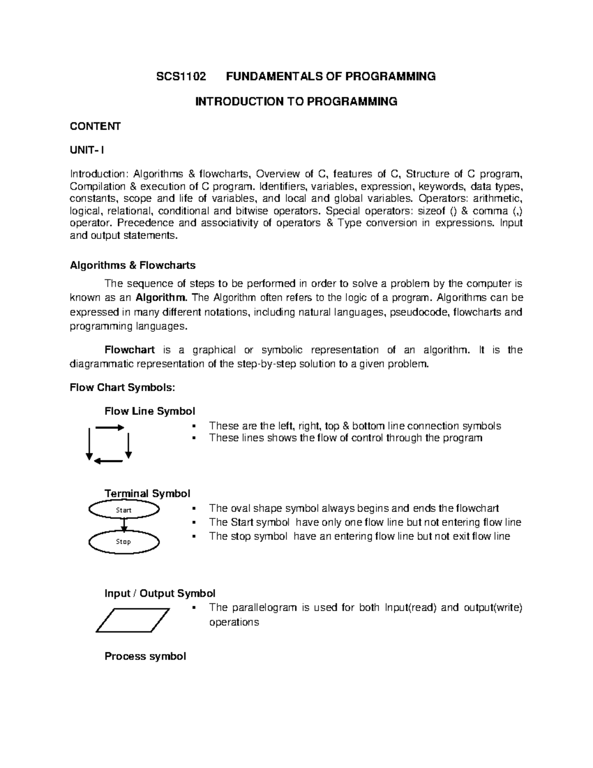 SCS1102-UNIT-I - SCS1102 FUNDAMENTALS OF PROGRAMMING INTRODUCTION TO ...
