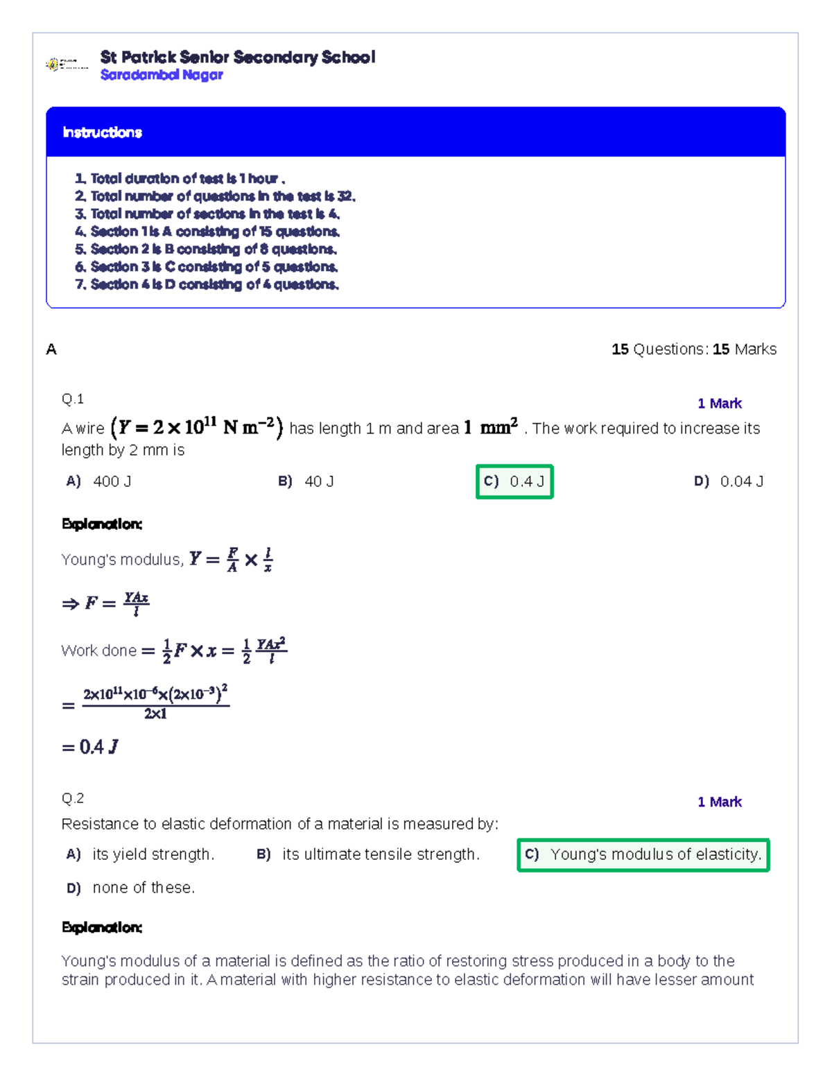 SOLN. to MECH. PRO. OF Solids - St Patrick Senior Secondary School ...