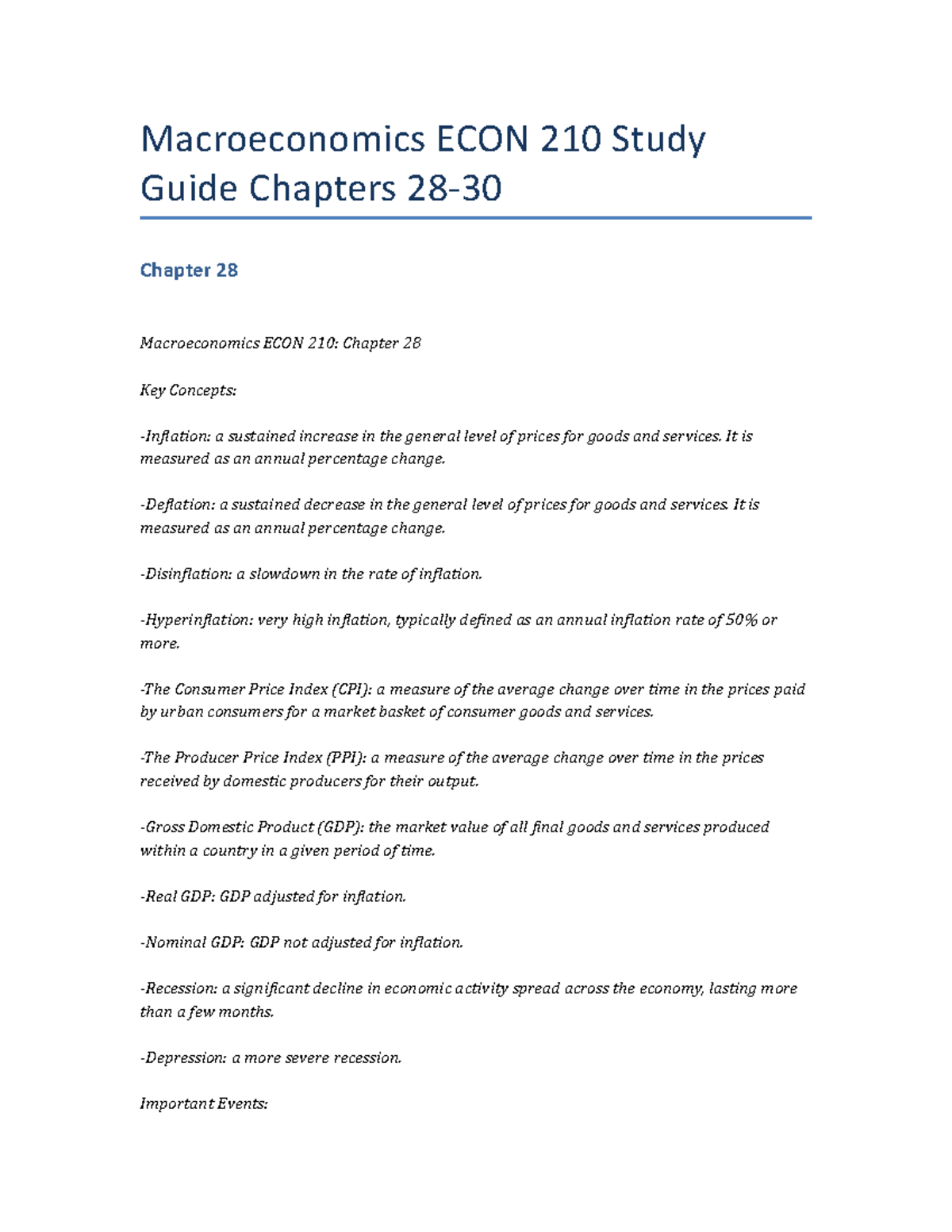 Macroeconomics ECON 210 Study Guide Chapters 28-30 - Macroeconomics ...