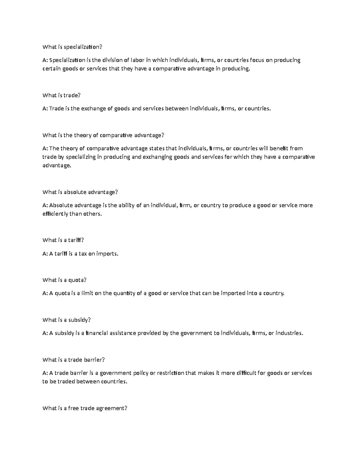 Economics exam prep doc 2 - What is specialization?A: Specialization is ...