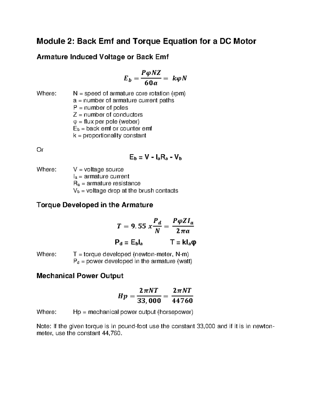 Back Emf and Torque Equation for DC Motor - Module 2: Back Emf and ...