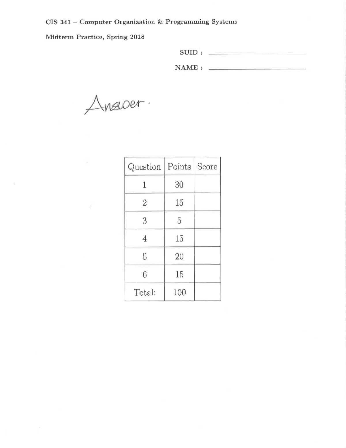Sample/practice exam March 3, questions and answers - CIS 341 - Studocu