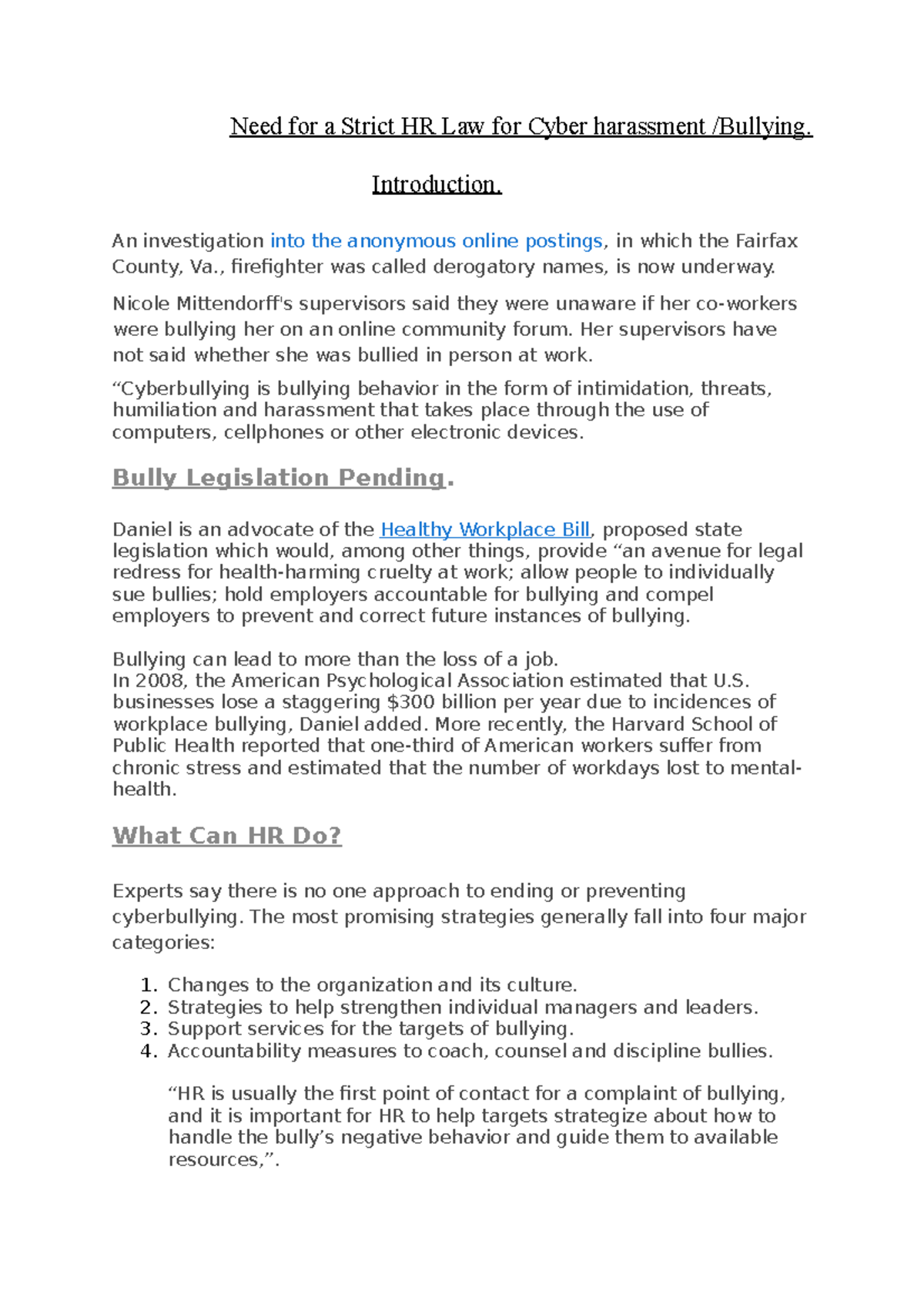 Need for a Strict HR Law for Cyber harassment - Introduction. An ...