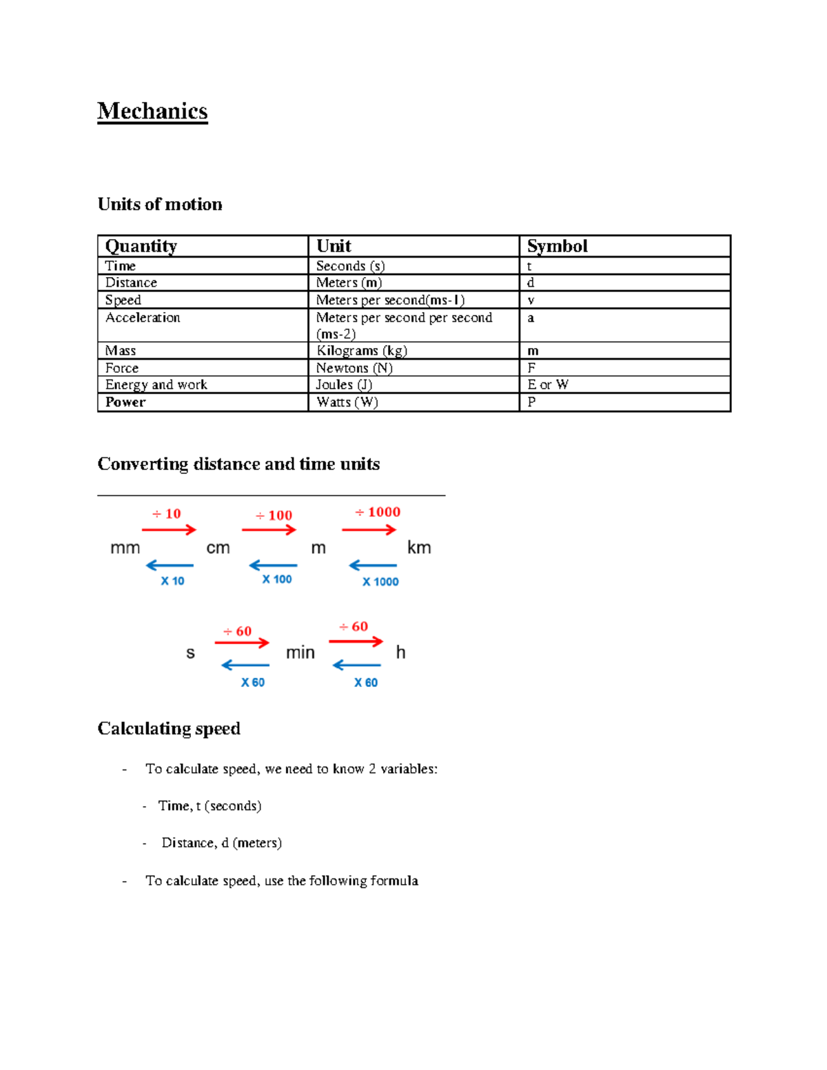 Science - mechanics - level 1 - Mechanics Units of motion Quantity Unit ...