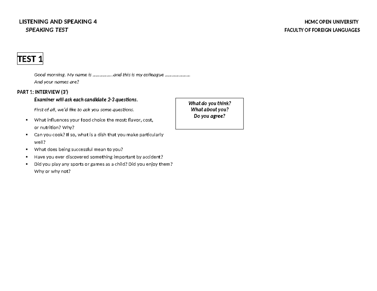 Speaking TEST PART 1 - SPEAKING TEST FACULTY OF FOREIGN LANGUAGES TEST ...