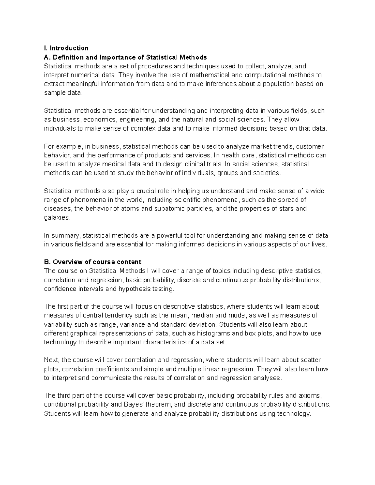 MAT-152 Statistical Methods I Notes - I. Introduction A. Definition and ...