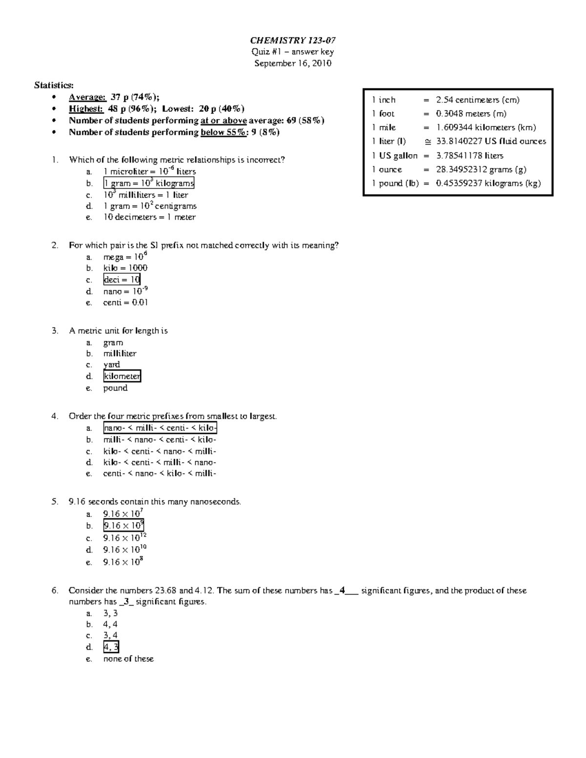 Quiz 123 2010 key - General Chemistry 1 - CHEMISTRY 123- Quiz #1 ...