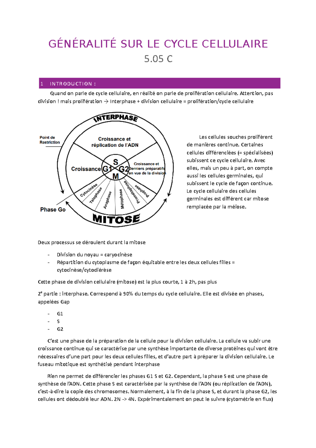 1-Généralité sur le cycle cellulaire - GÉNÉRALITÉ SUR LE CYCLE ...