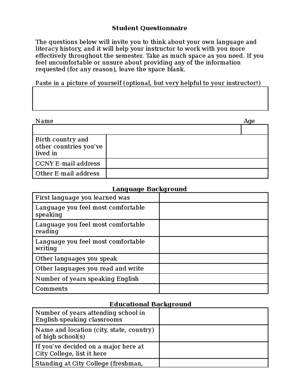 Questionnaire-Worksheet - Student Questionnaire The questions below ...