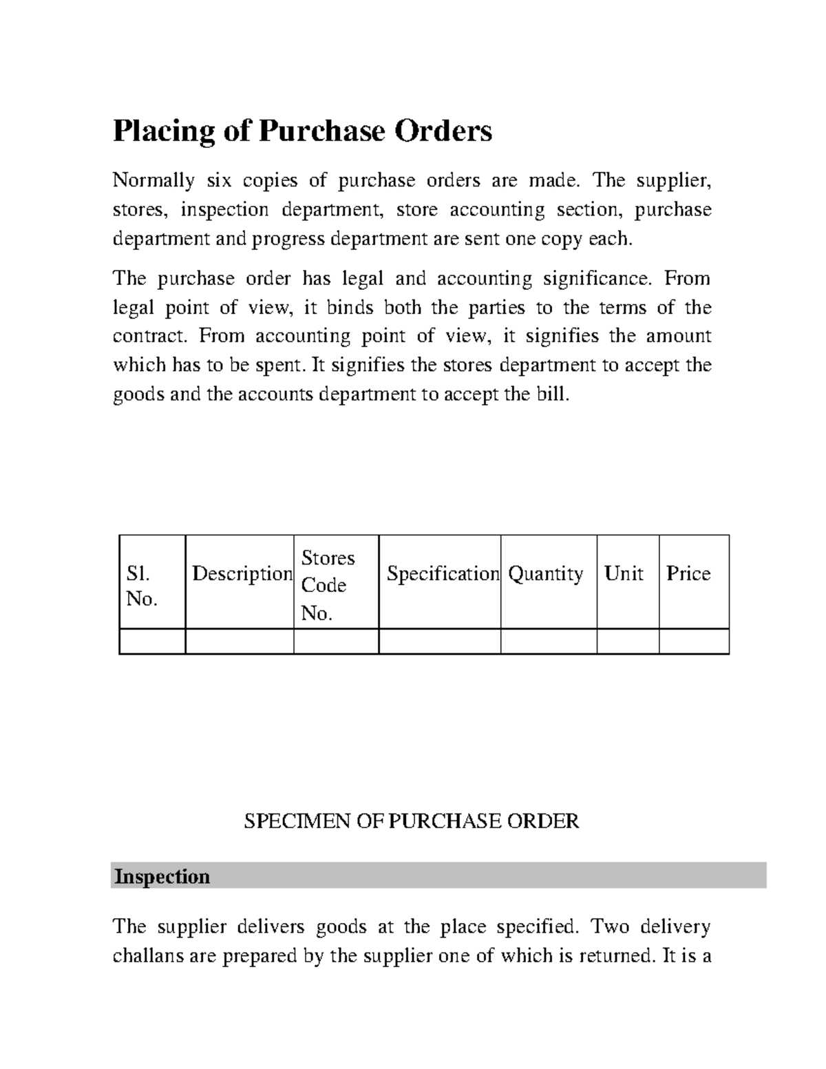 Placing of Purchase Orders - Placing of Purchase Orders Normally six ...