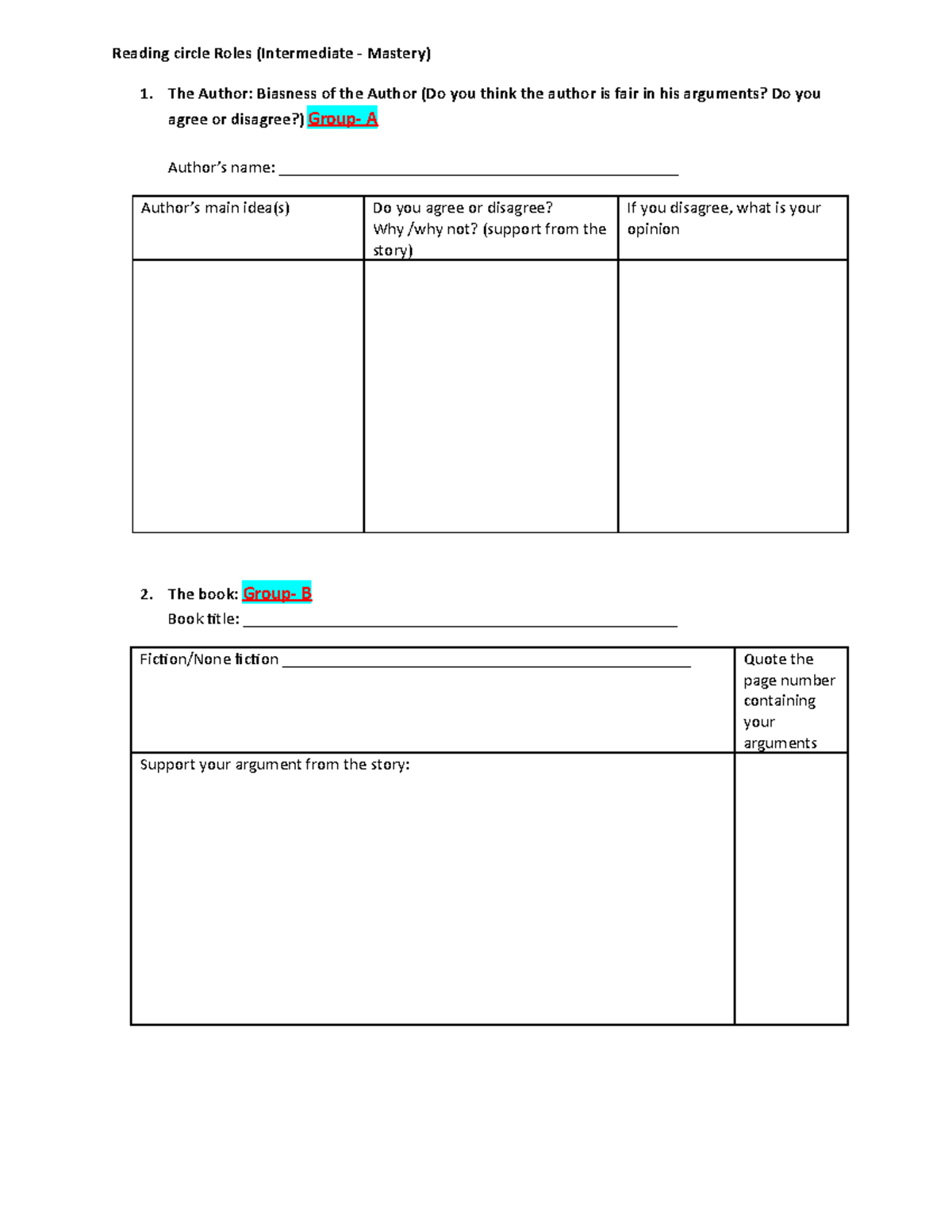 Reading Circle Group Roles - Reading circle Roles (Intermediate ...
