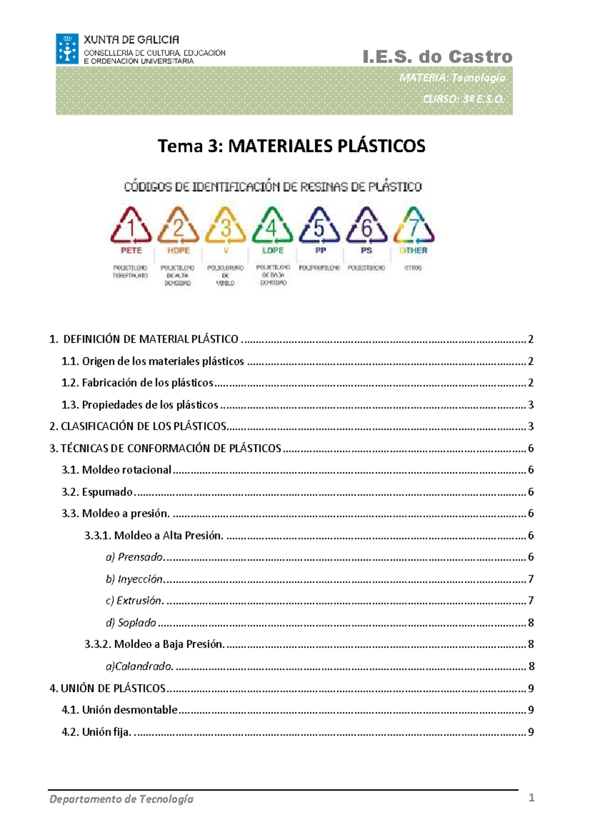 Tipos de Plásticos - MATERIA: Tecnología CURSO: 3º E.S. Tema 3: MATERIALES PLÁSTICOS DEFINICIÓN ...