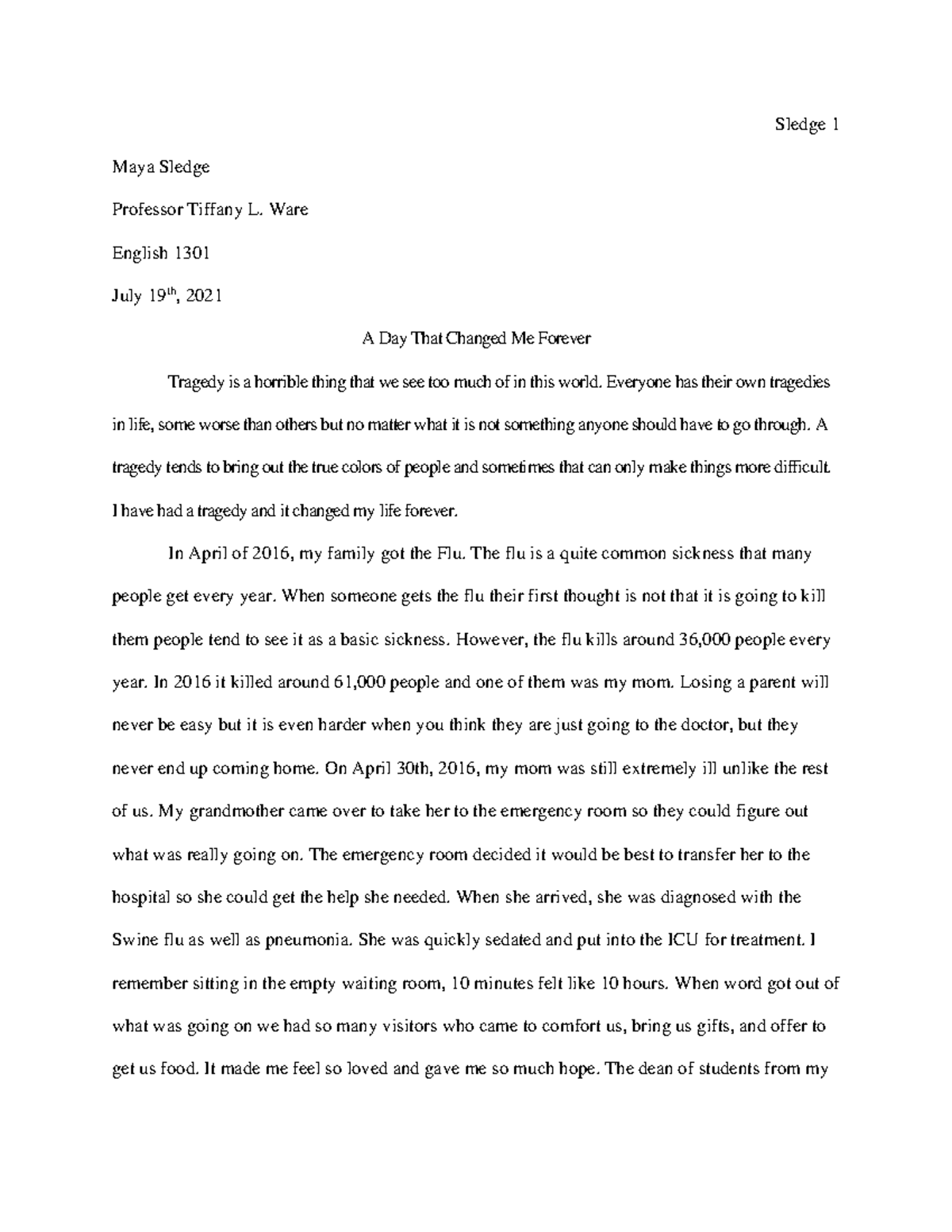 English 1301 Essay - Sledge 1 Maya Sledge Professor Tiffany L. Ware ...