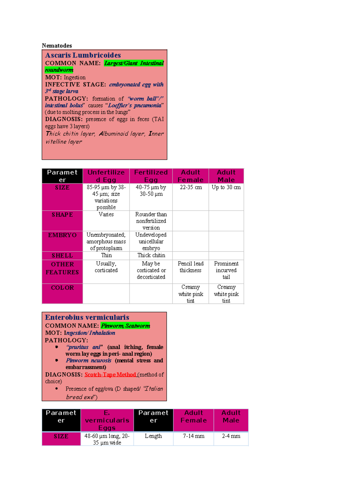 Document-2 - rfef - Nematodes Ascaris Lumbricoides COMMON NAME: Largest ...