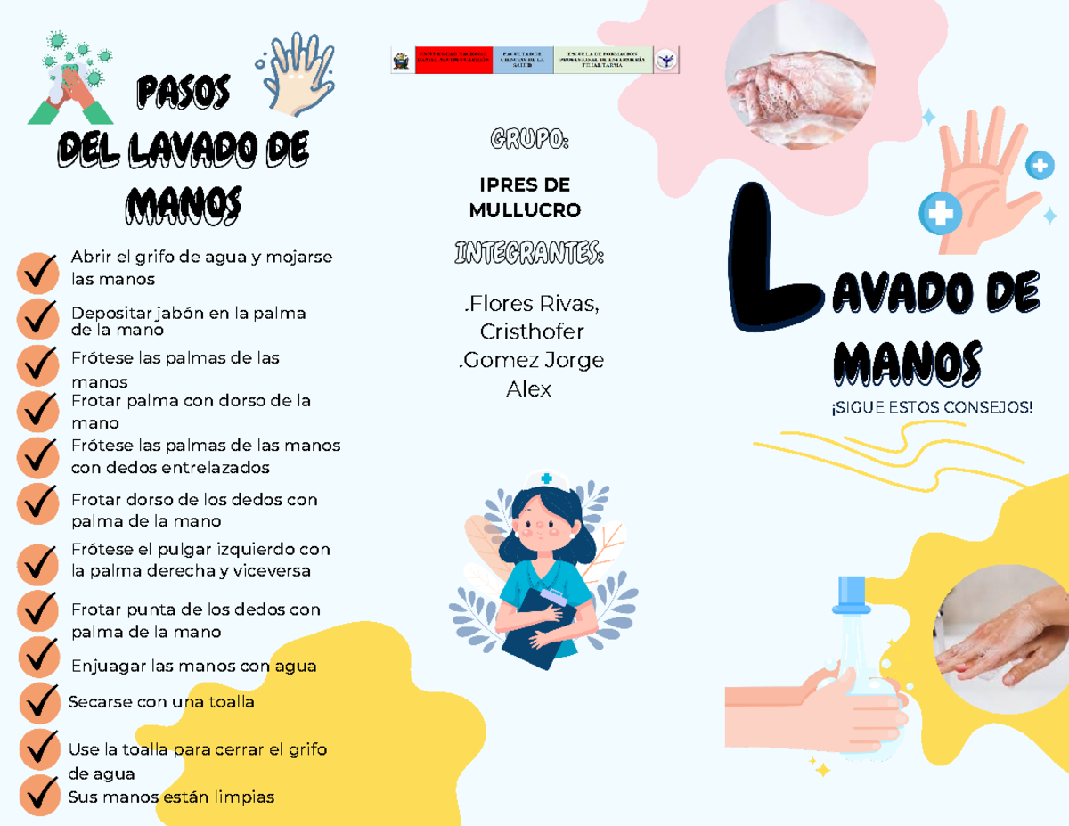 641336652 triptico lavado de manos - PASOS DEL LAVADO DE MANOS Abrir el grifo de agua y mojarse ...