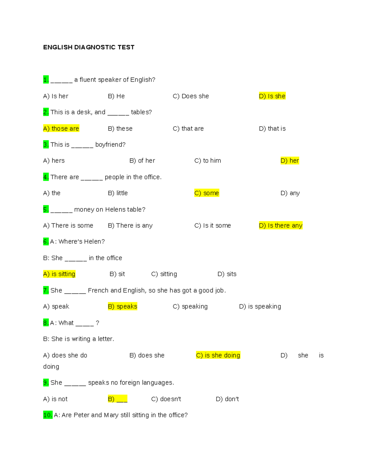 English Diagnostic TEST - ENGLISH DIAGNOSTIC TEST ______ a fluent ...