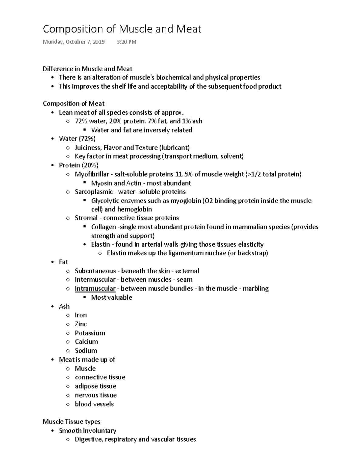 Week 8 - Detailed Lecture Notes on Composition of Muscle and Meat ...