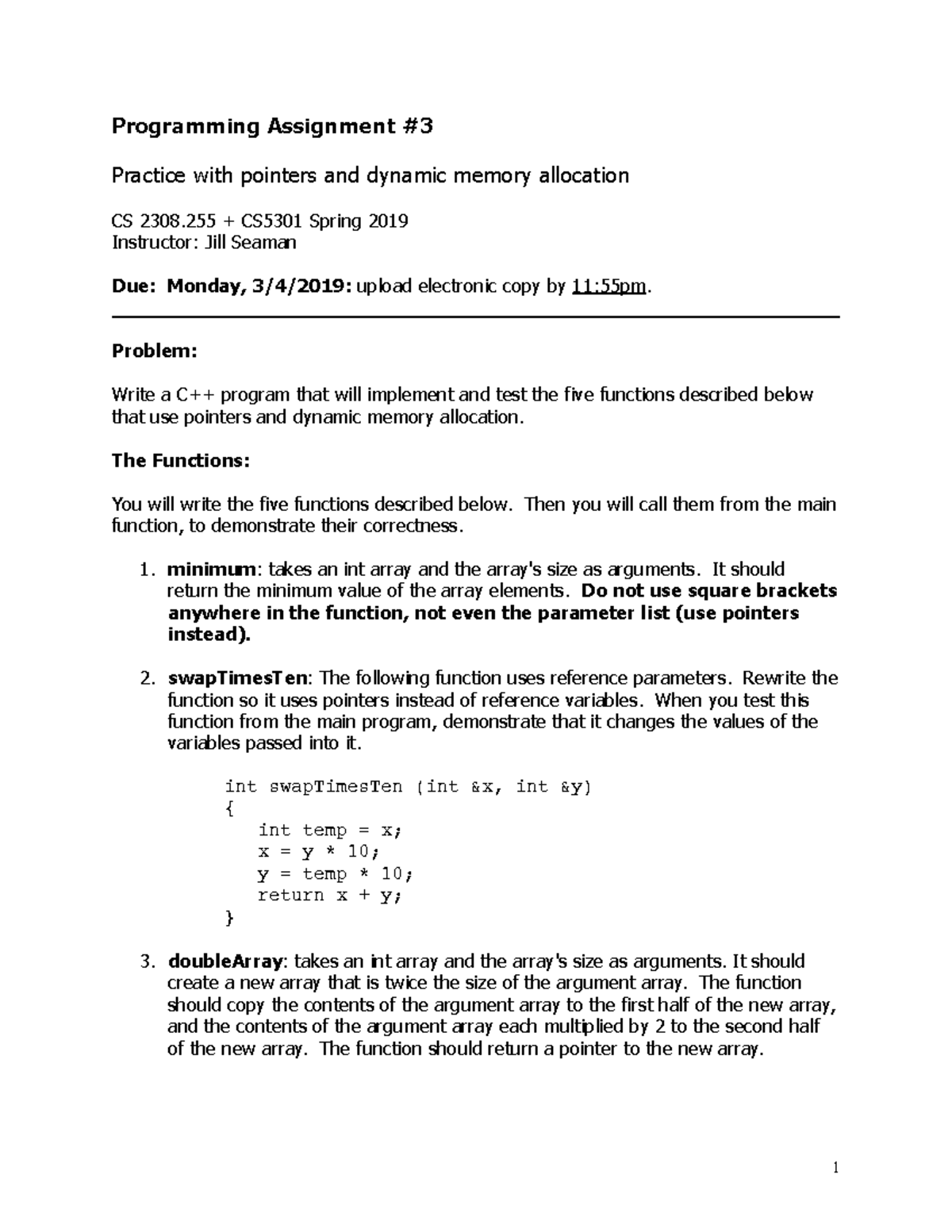 Assignment 3 - CS 2308 - Programming Assignment Practice with pointers and dynamic memory ...