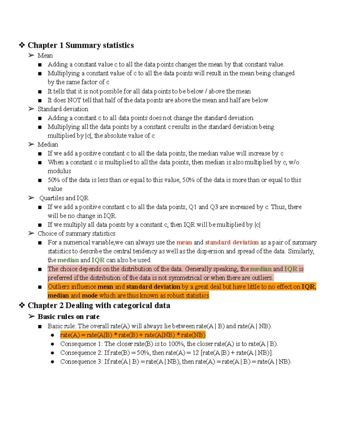 GEA cheat sheet - Chapter 1 Summary statistics Mean Adding a constant ...
