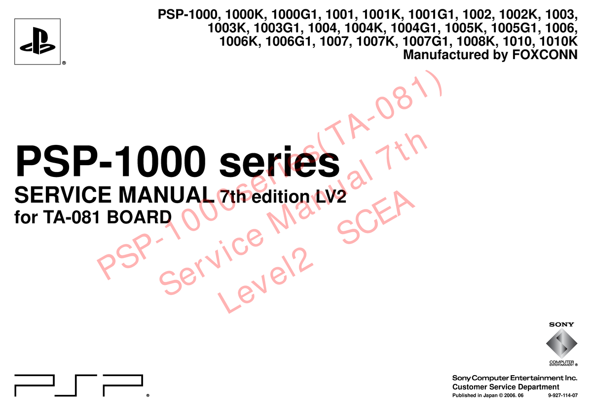 PSP 1000 TA-081 Service Manual PW SCEA - SERVICE MANUALPSP-1000 series ...