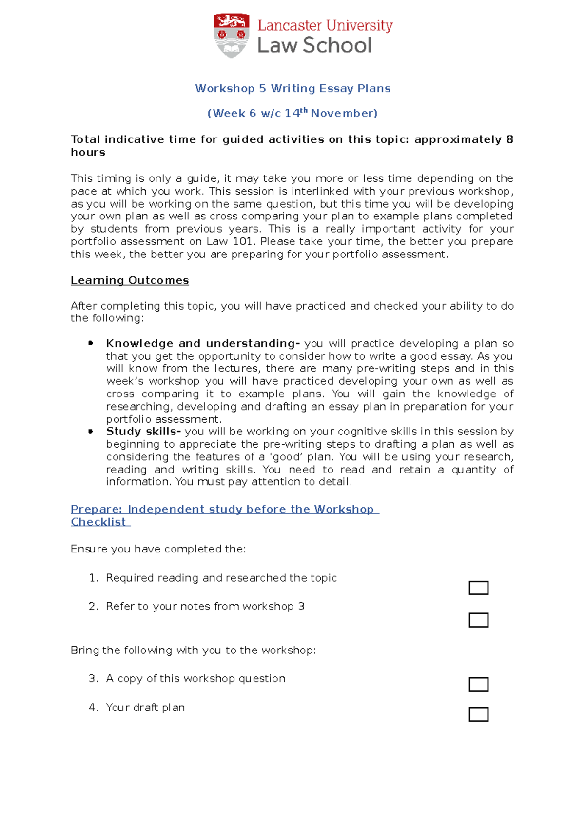 Workshop 5 Writing Essay Plans - Workshop 5 Writing Essay Plans (Week 6 ...