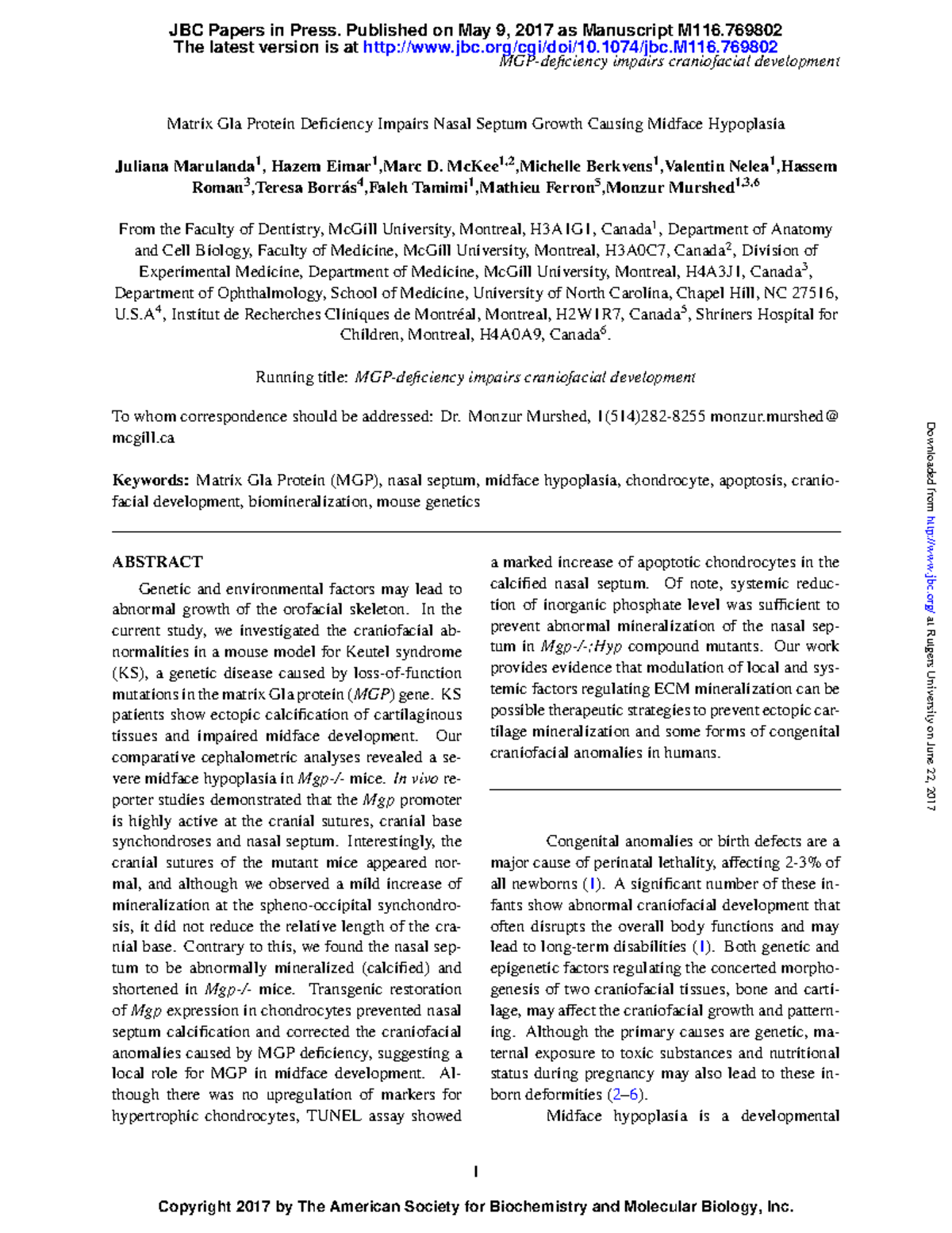 Marulanda 2017 Matrix Gla Protein Deficiency Impairs Nasal Septum ...