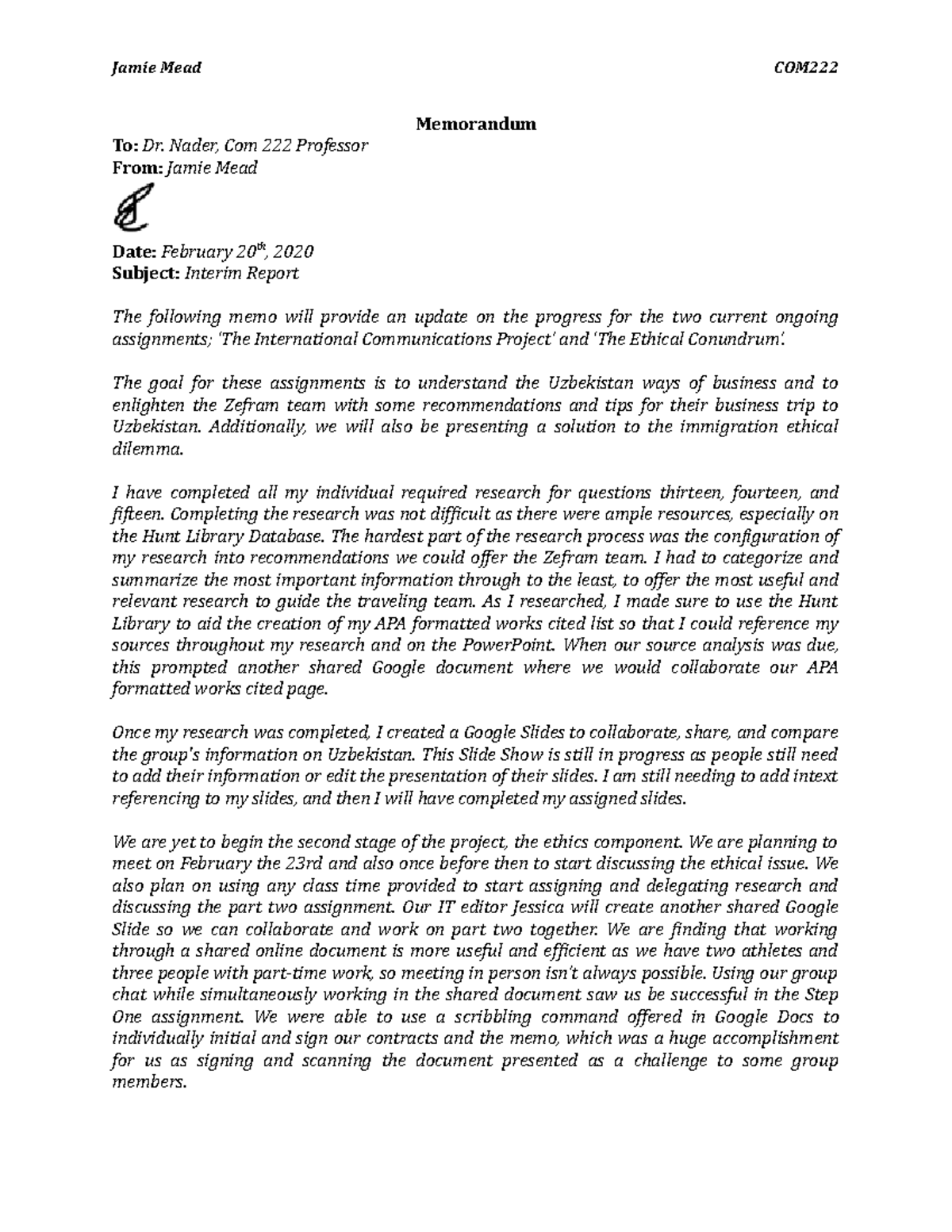 Interim Report - Project 2 - Jamie Mead COM Memorandum To: Dr. Nader ...