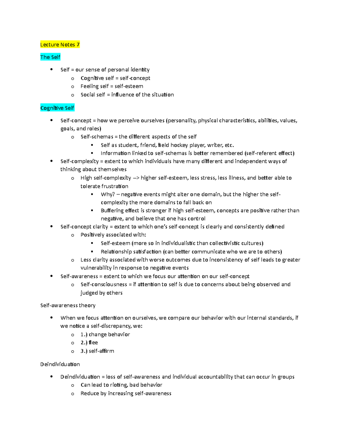Psych 221 exam 2 notes - Lecture Notes 7 The Self Self = our sense of ...