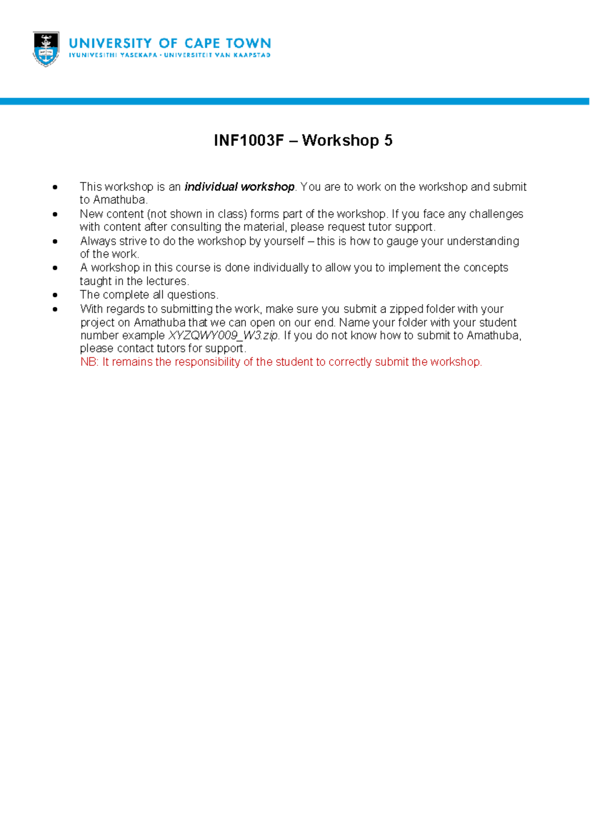Workshop 5 - INF1003F – Workshop 5 This workshop is an individual ...