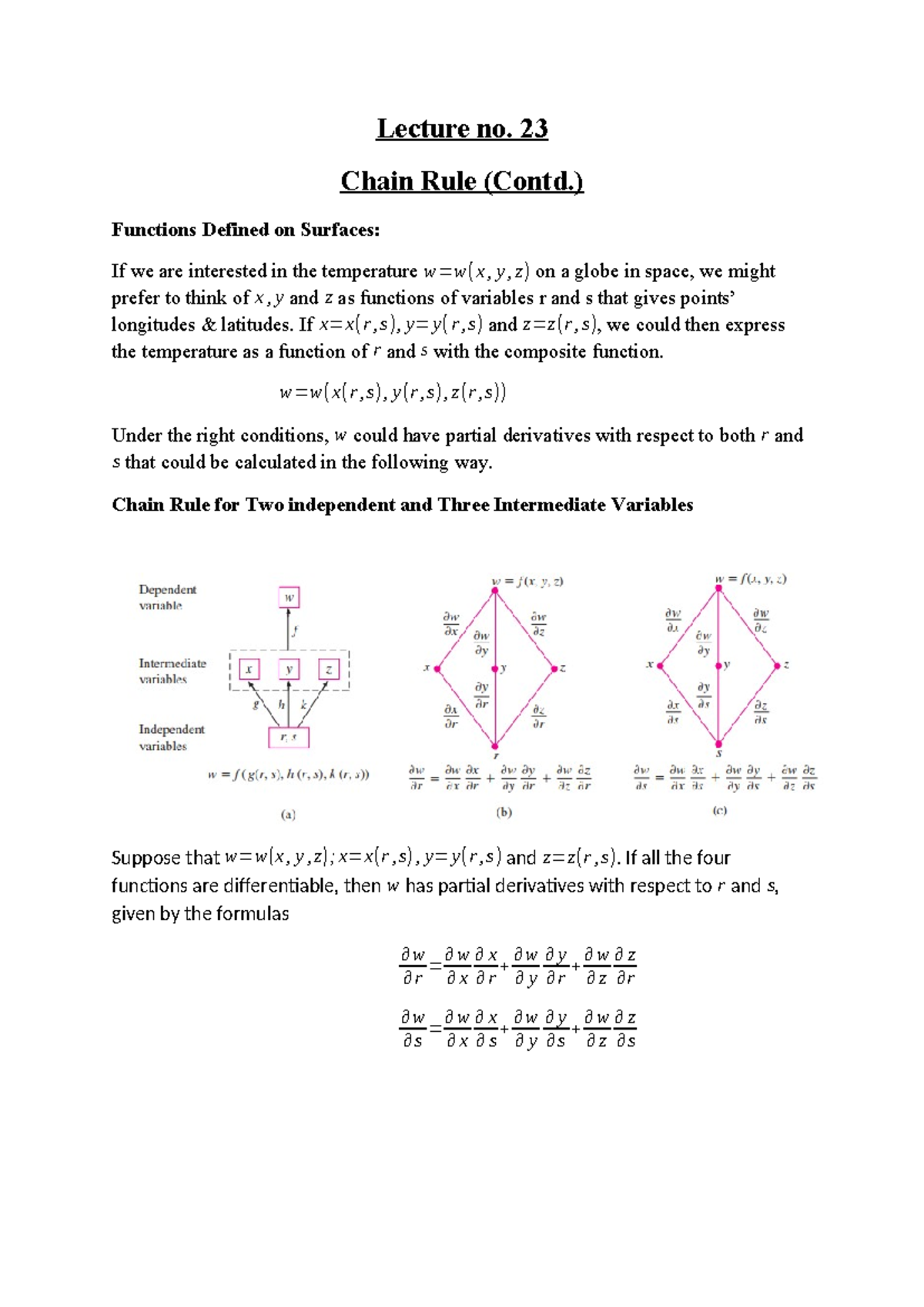 Lec 23 (Chain Rule Contd - Lecture no. 23 Chain Rule (Contd.) Functions Defined on Surfaces: If ...