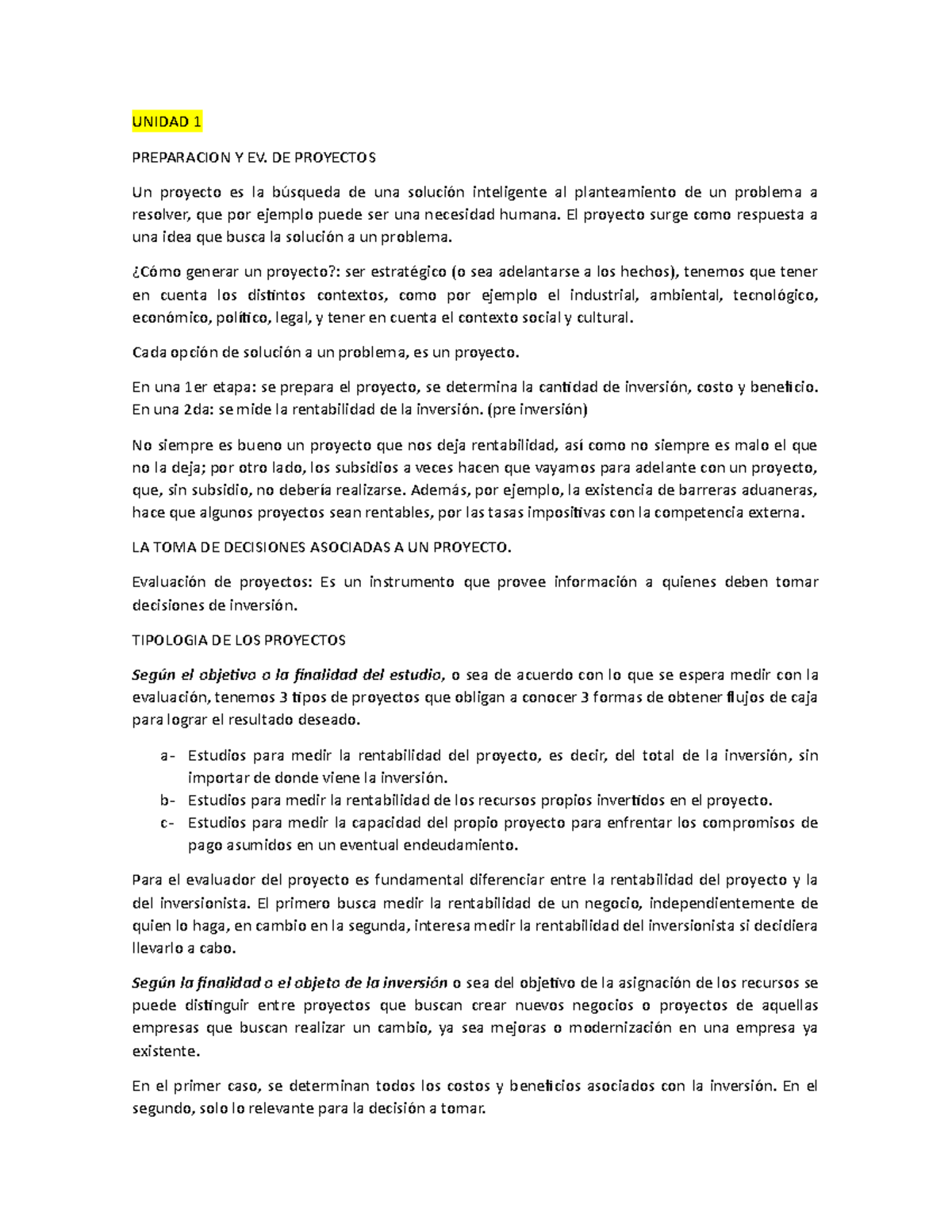 Notas libro sapag chain - UNIDAD 1 PREPARACION Y EV. DE PROYECTOS Un ...