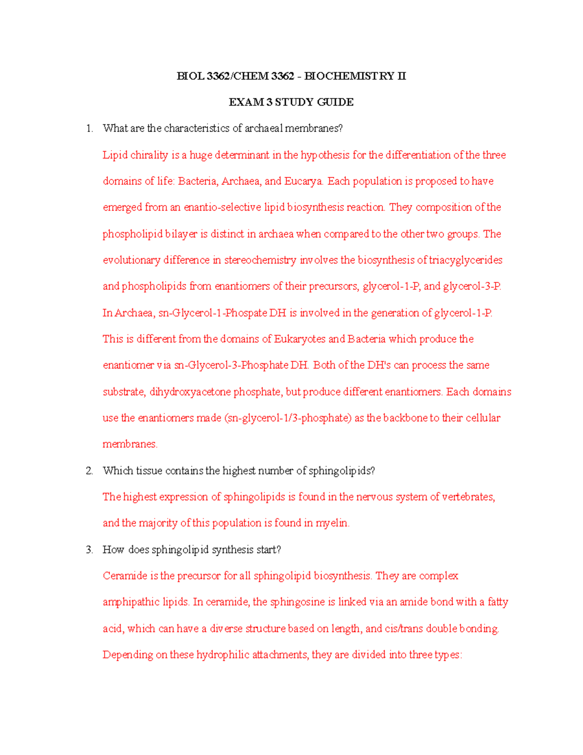 Biochem Exam 3 Review - BIOL 3362/CHEM 3362 - BIOCHEMISTRY II EXAM 3 ...