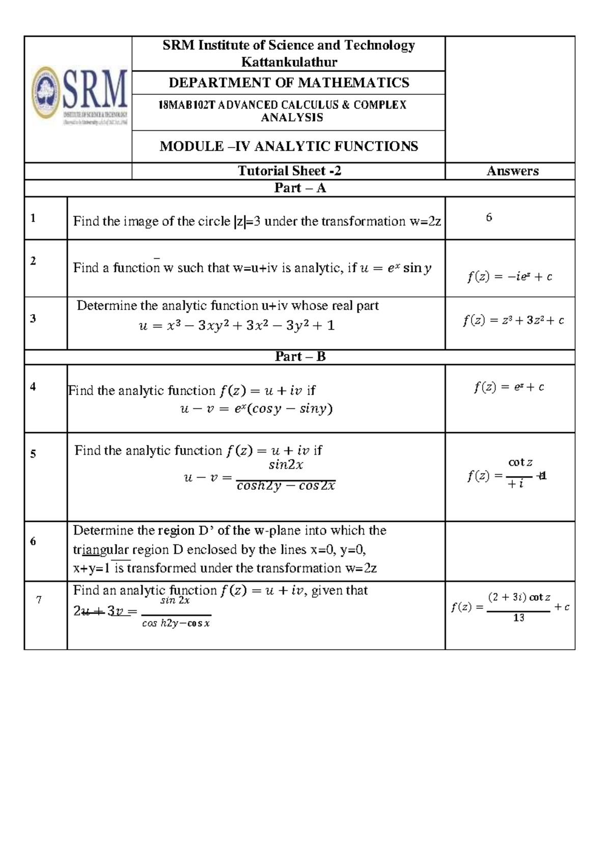 UNIT-4- Analytic Function-TS-2 - SRM Institute of Science and Technology Kattankulathur ...