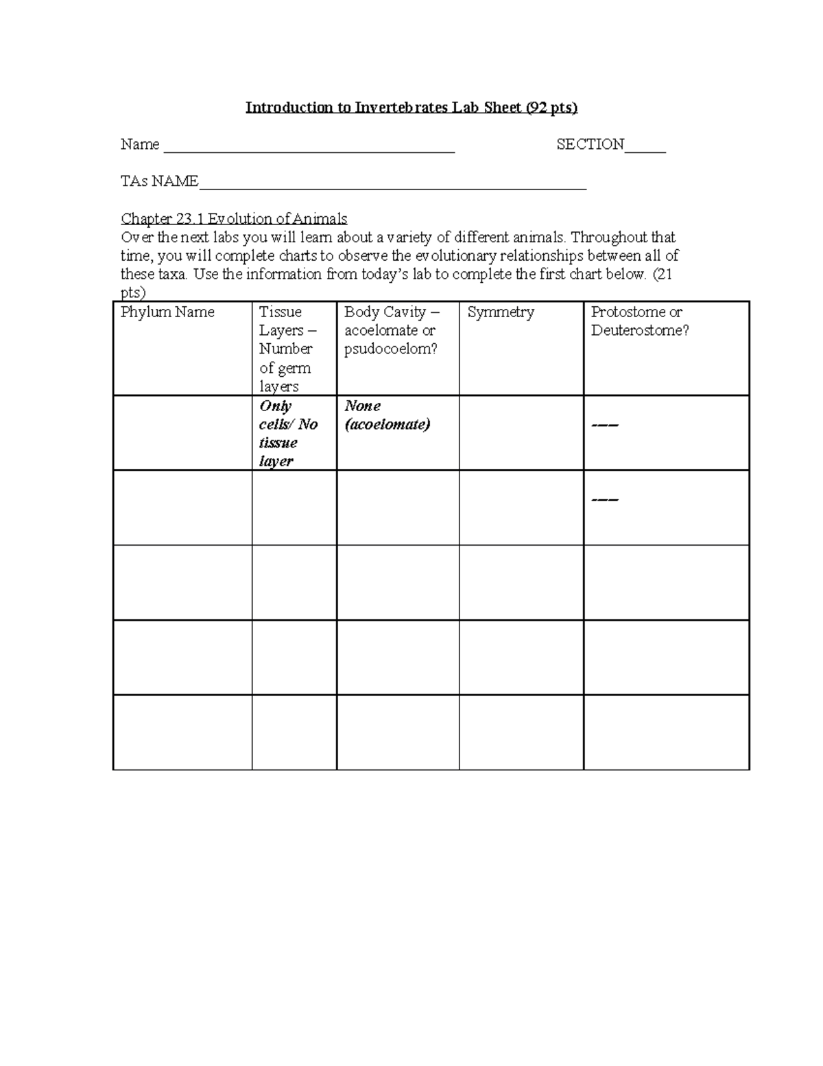 Intro to Invertebrates Worksheet S23 - Introduction to Invertebrates ...